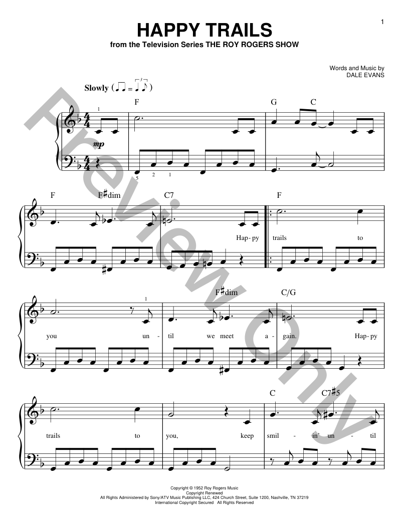Happy Trails Easy Piano Sheet Music | J.W. Pepper