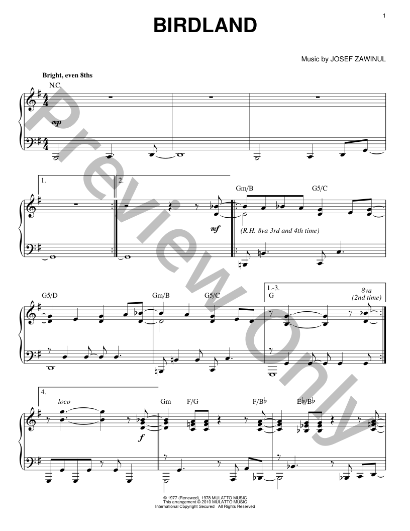 Birdland Piano Sheet Music | J.W. Pepper