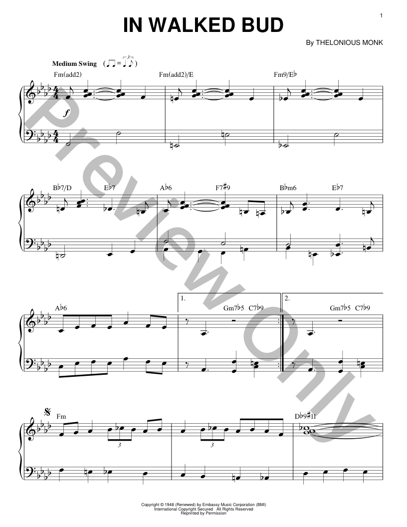 In Walked Bud Piano Sheet Music | J.W. Pepper