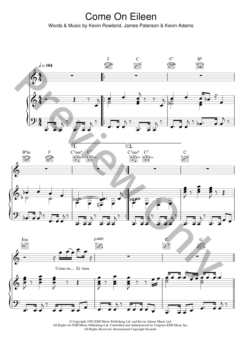 Come on Eileen P/V/G Sheet Music | J.W. Pepper