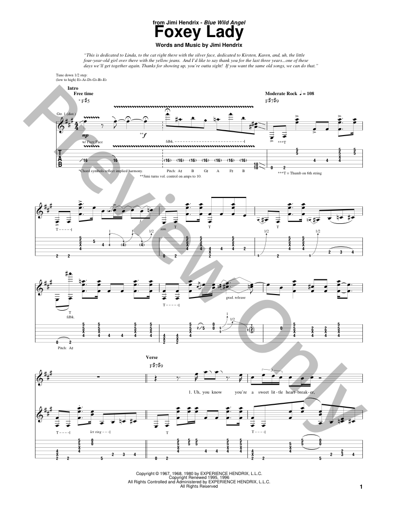 Foxey Lady Guitar/Fretted Sheet Music | J.W. Pepper
