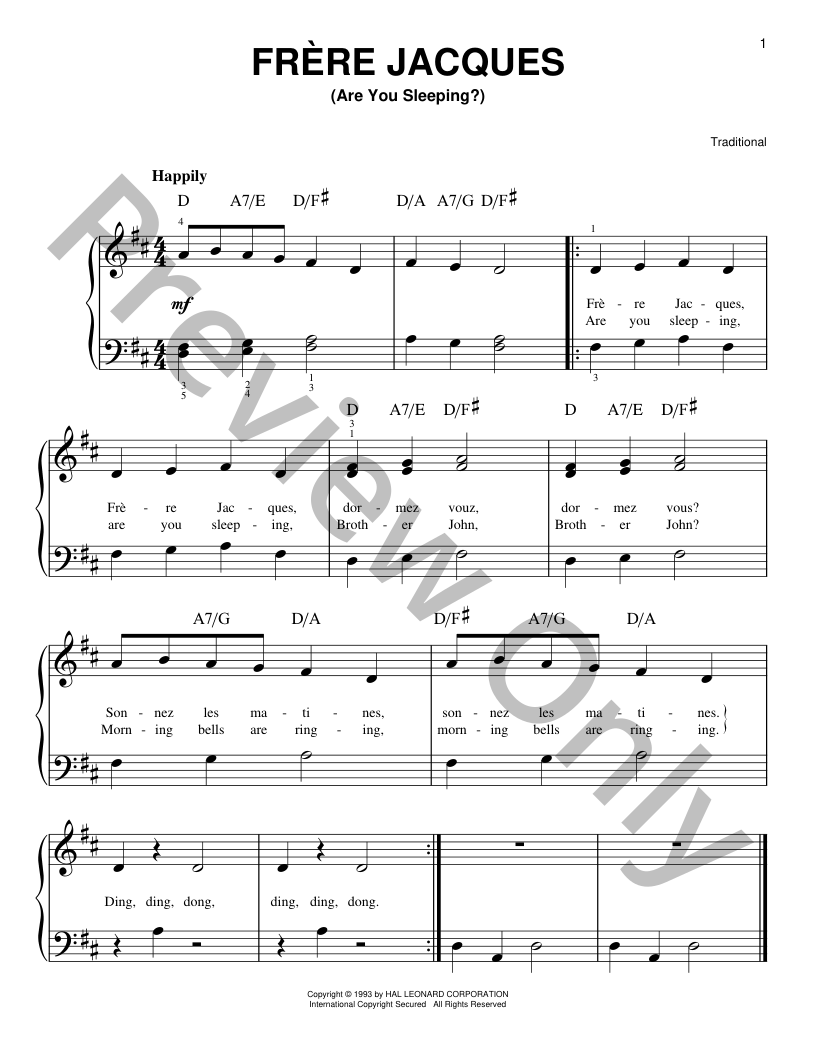Frere Jacques (Are You Sleeping?) Easy Piano Sheet Music | J.W. Pepper