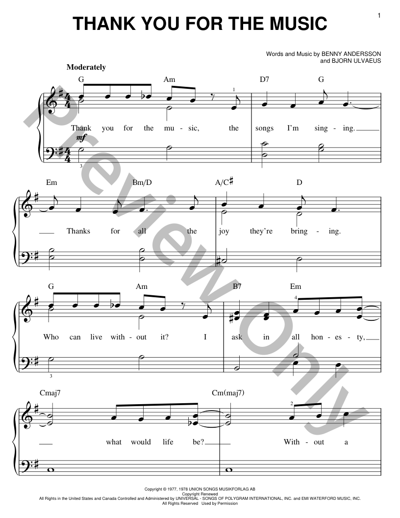 Thank You for the Music Easy Piano Sheet Music | J.W. Pepper
