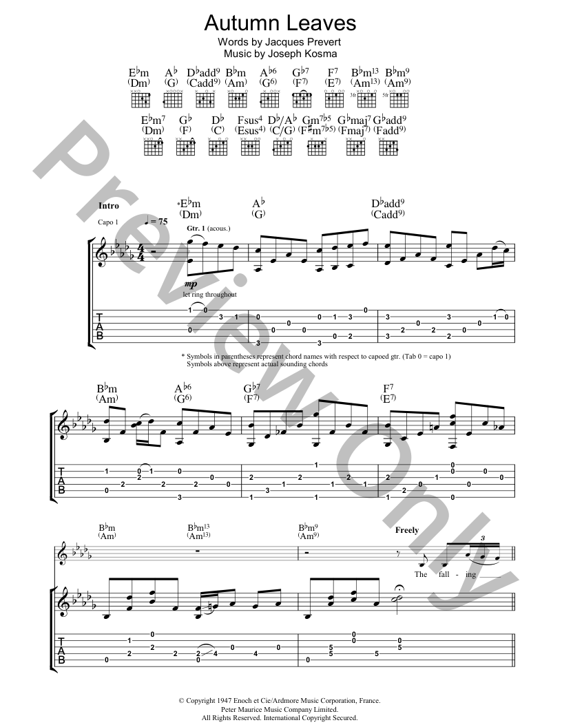 Autumn Leaves (Les Feuilles Mortes) Guitar/Fretted Sheet Music | J.W ...