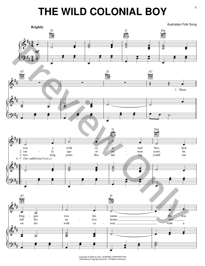 The Wild Colonial Boy P/V/G Sheet Music | J.W. Pepper