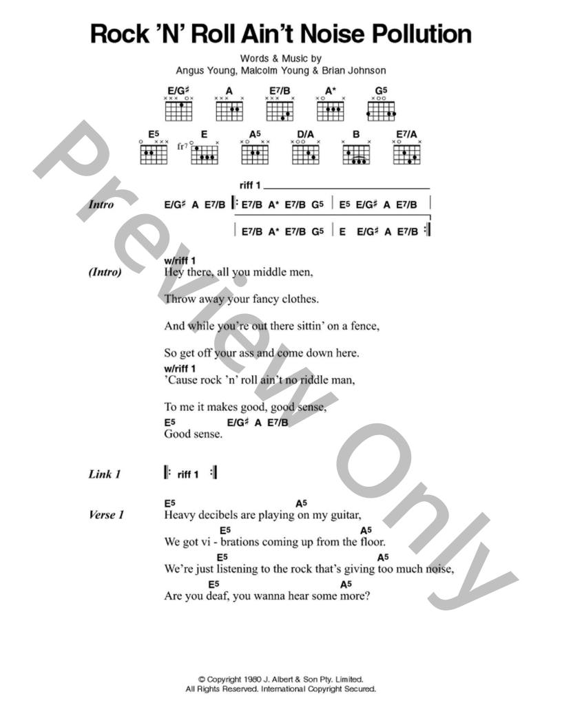 Rock and Roll Ain't Noise Pollution Guitar/Fretted Sheet Music | J.W ...