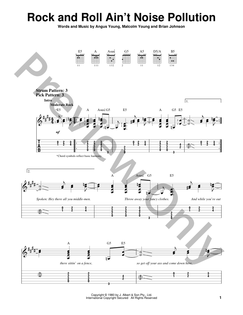 Rock and Roll Ain't Noise Pollution Guitar/Fretted Sheet Music | J.W ...