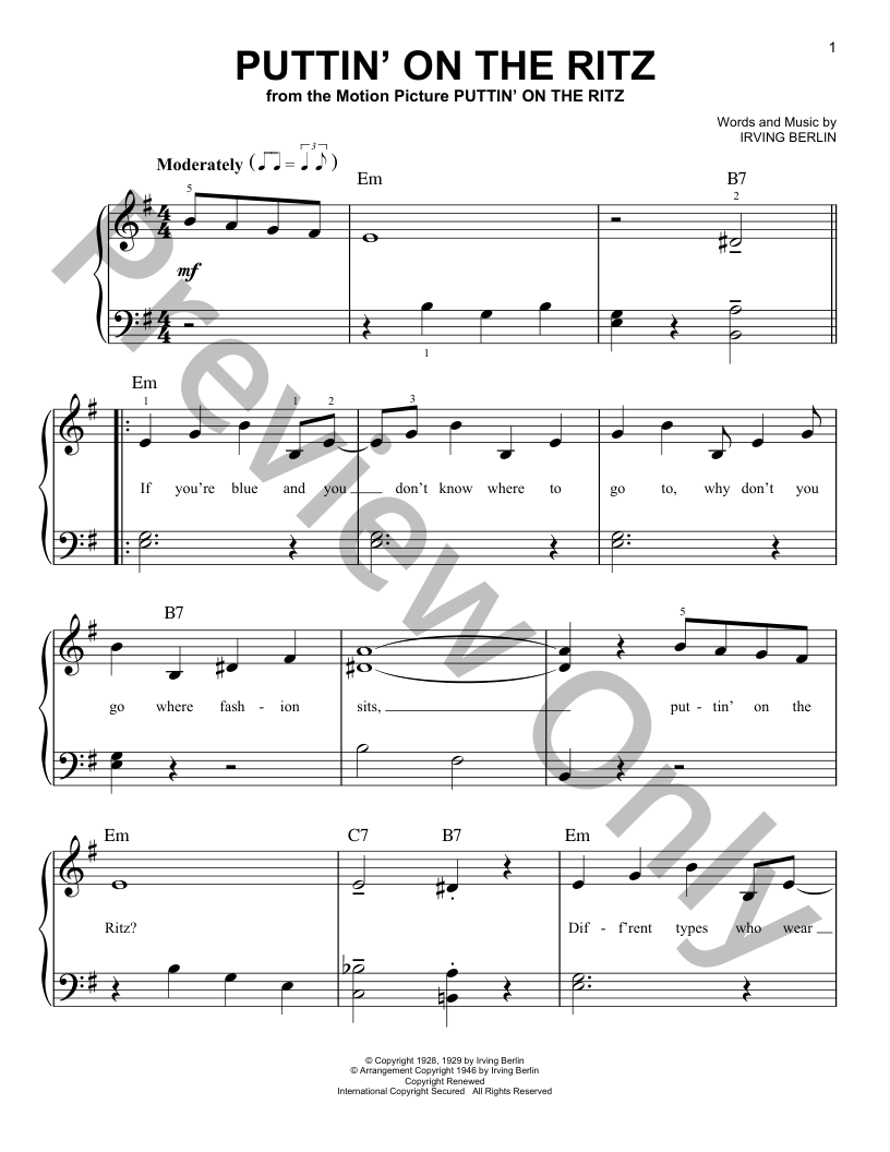 Putting on the Ritz Easy Piano Sheet Music | J.W. Pepper