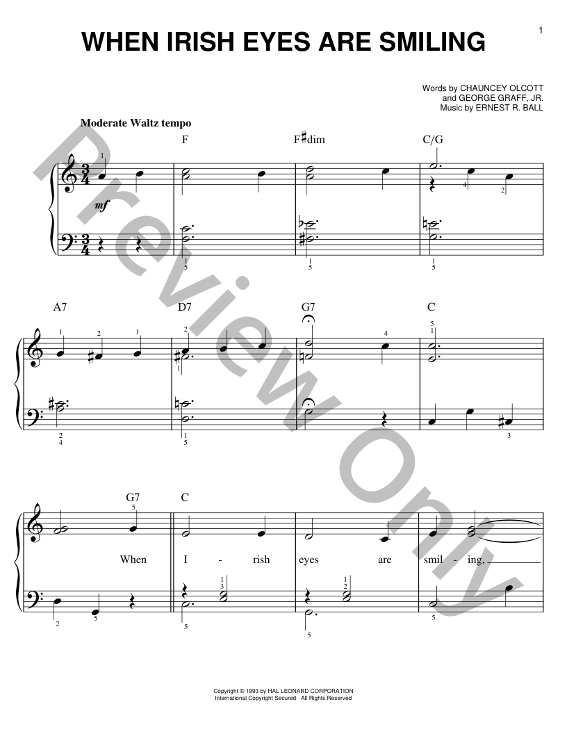 When Irish Eyes Are Smiling Easy Piano Sheet Music | J.W. Pepper
