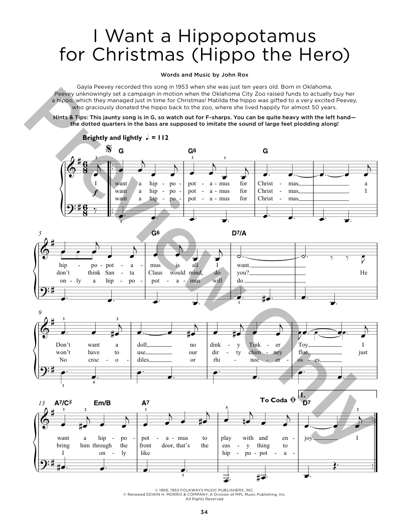 I Want A Hippopotamus For Christmas (Hippo The Hero) P/V/G Sheet Music ...