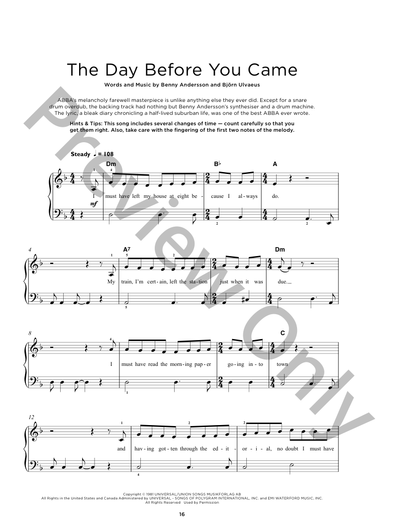 The Day Before You Came P/V/G Sheet Music | J.W. Pepper