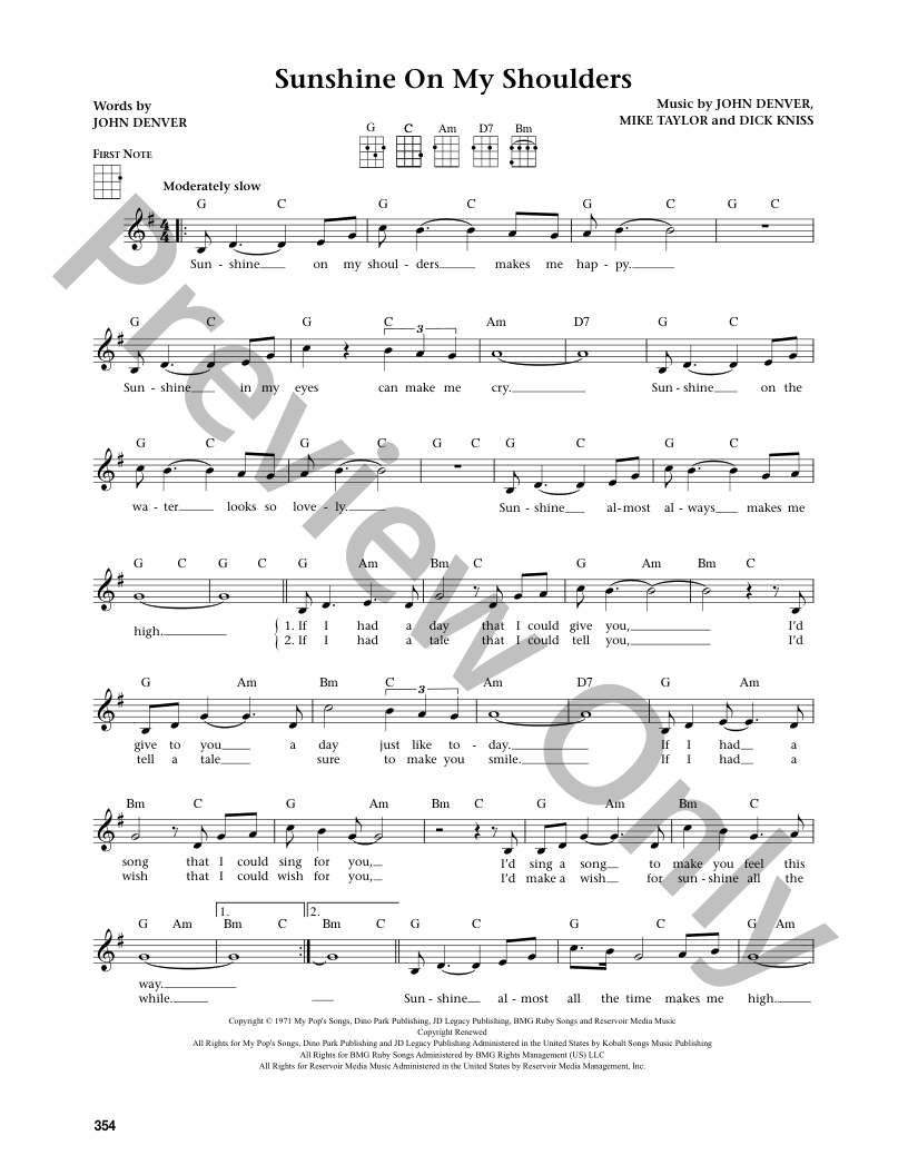 Sunshine On My Shoulders Guitar/Fretted Sheet Music | J.W. Pepper