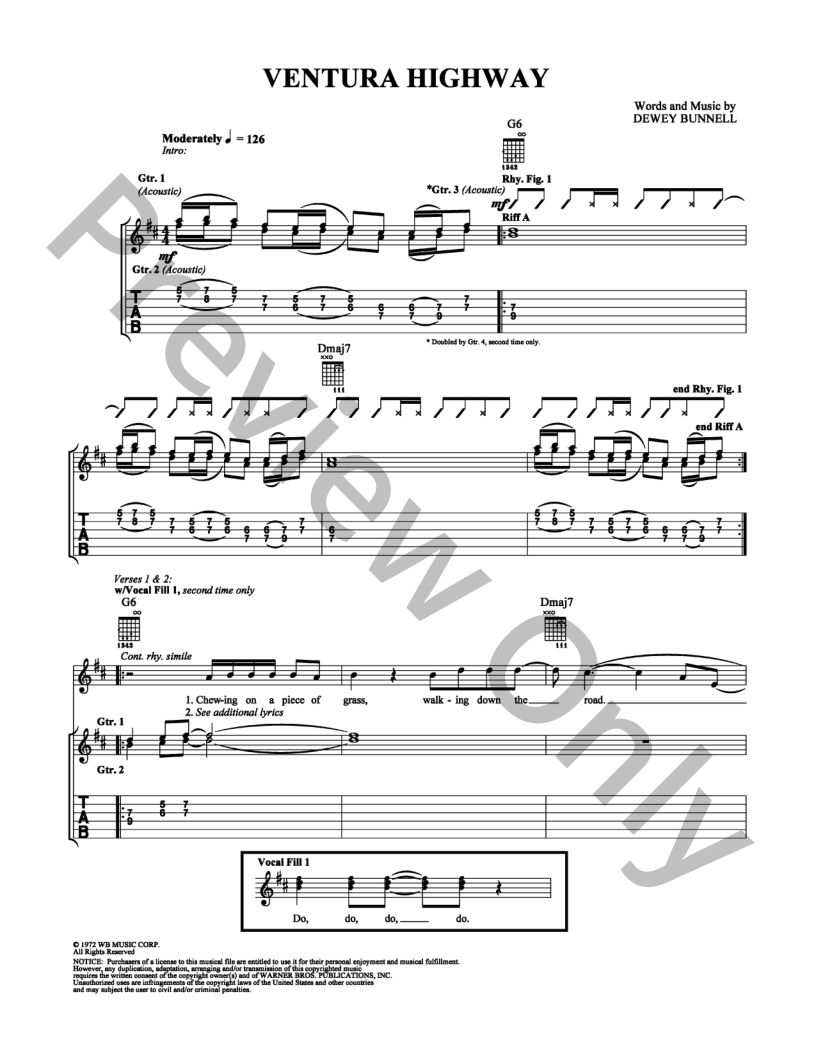 Ventura Highway Guitar/Fretted Sheet Music | J.W. Pepper