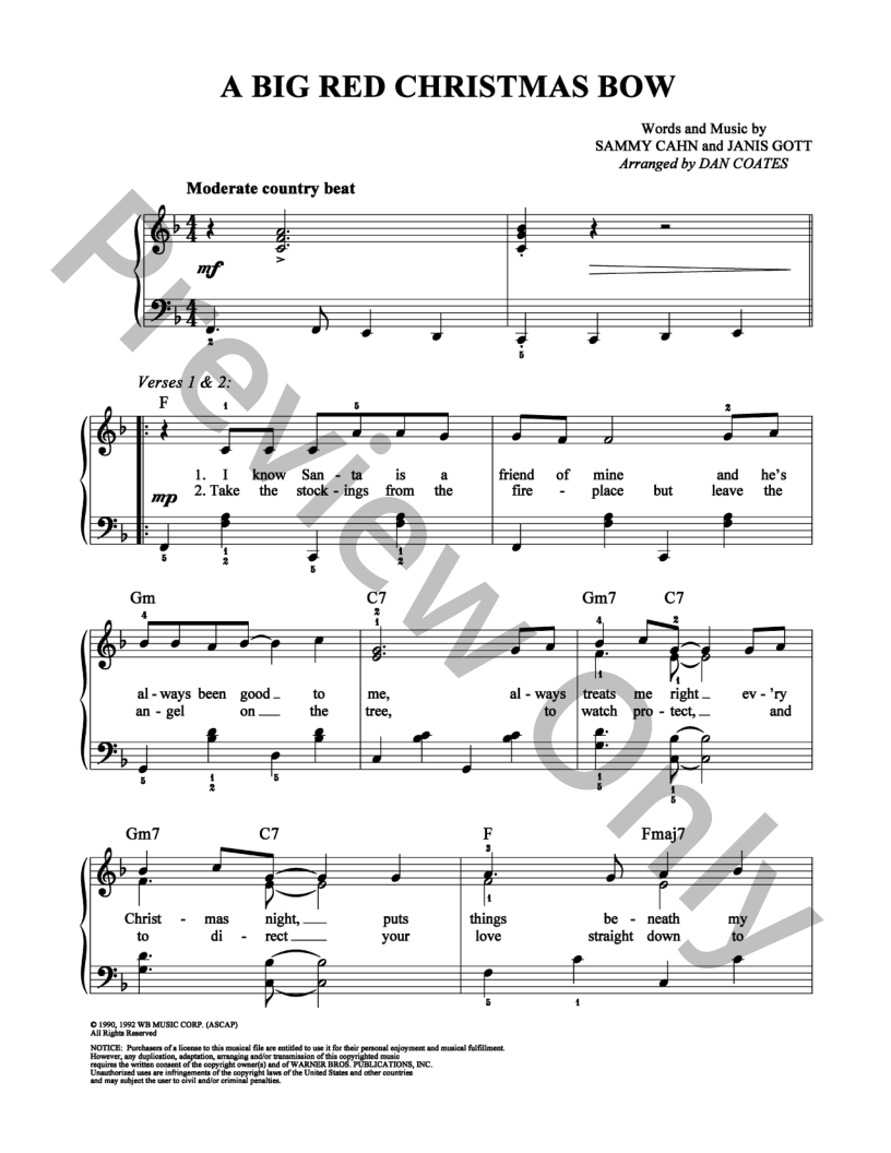 Big Red Christmas Bow Easy Piano Sheet Music | J.W. Pepper