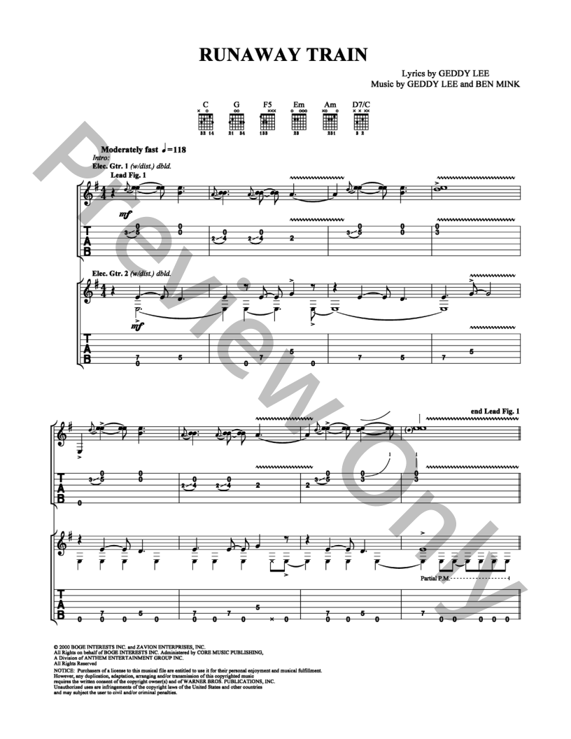 Runaway Train Guitar/Fretted Sheet Music | J.W. Pepper