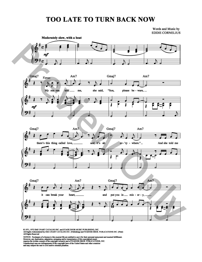 Too Late to Turn Back Now P/V/G Sheet Music | J.W. Pepper