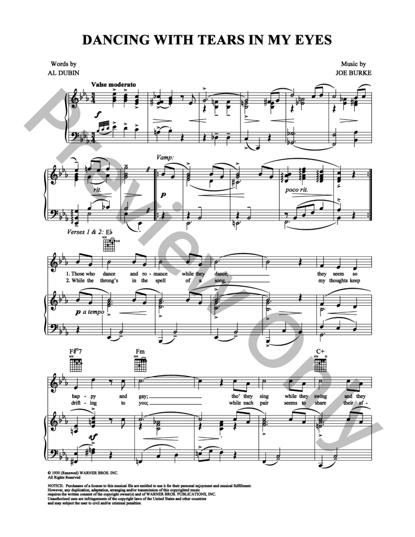 Dancing with Tears in My Eyes P/V/G Sheet Music | J.W. Pepper