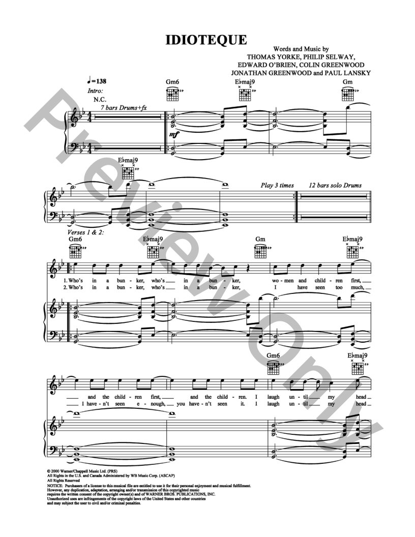Idioteque P/V/G Sheet Music | J.W. Pepper