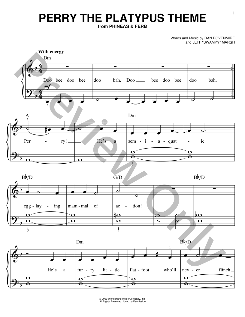 Perry The Platypus Theme Easy Piano Sheet Music | J.W. Pepper
