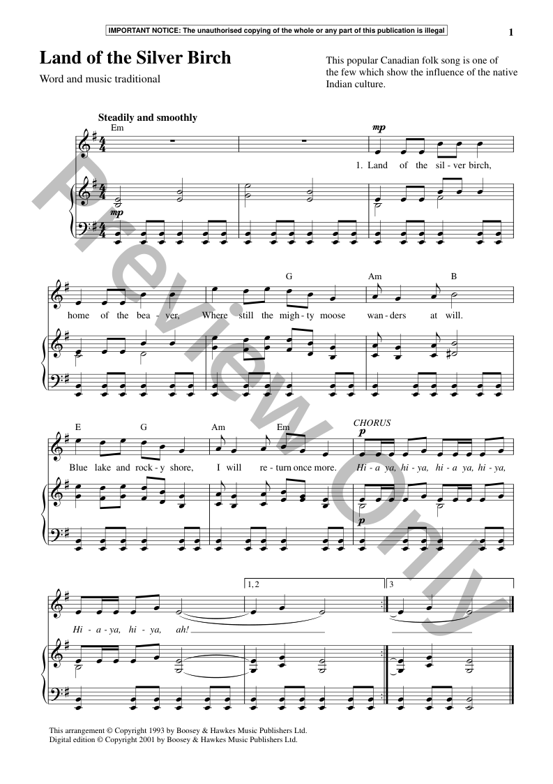 Land Of The Silver Birch P/V/G Sheet Music | J.W. Pepper