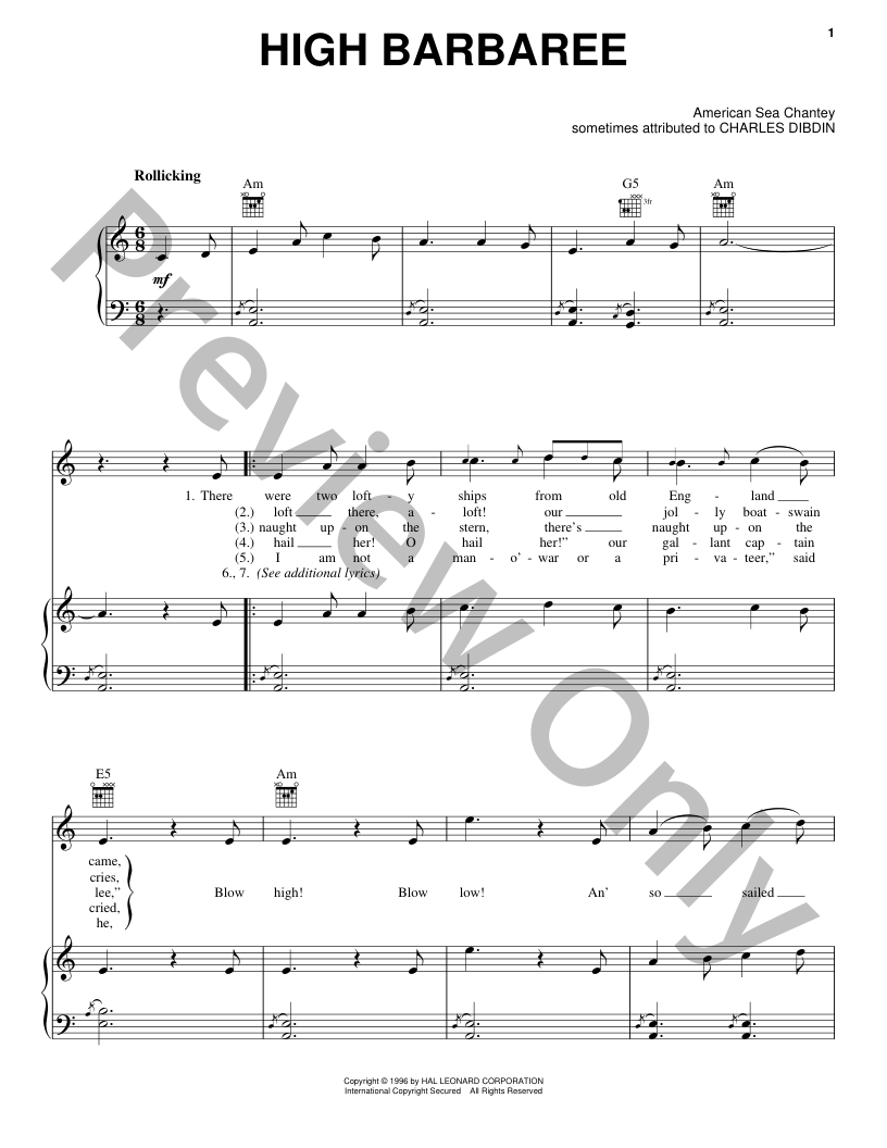 High Barbaree P/V/G Sheet Music | J.W. Pepper